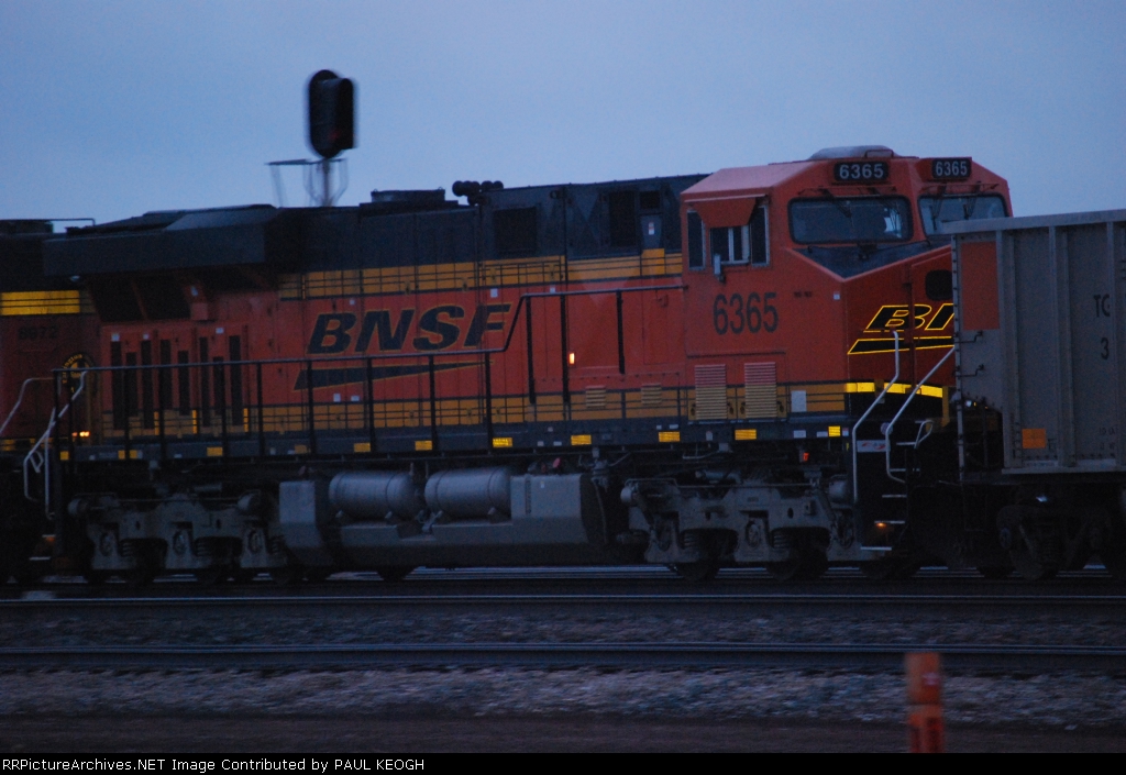 BNSF 6365 rolls west as a 3rd unit on a mty coaltrain as the flash of my camera lights up her ...